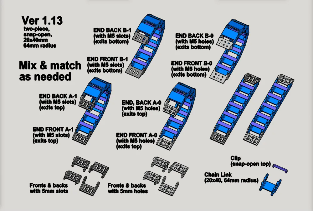 Drag Chain for CNC, two-piece, snap-open, 20mm x 40mm, 64mm radius (v1 ...