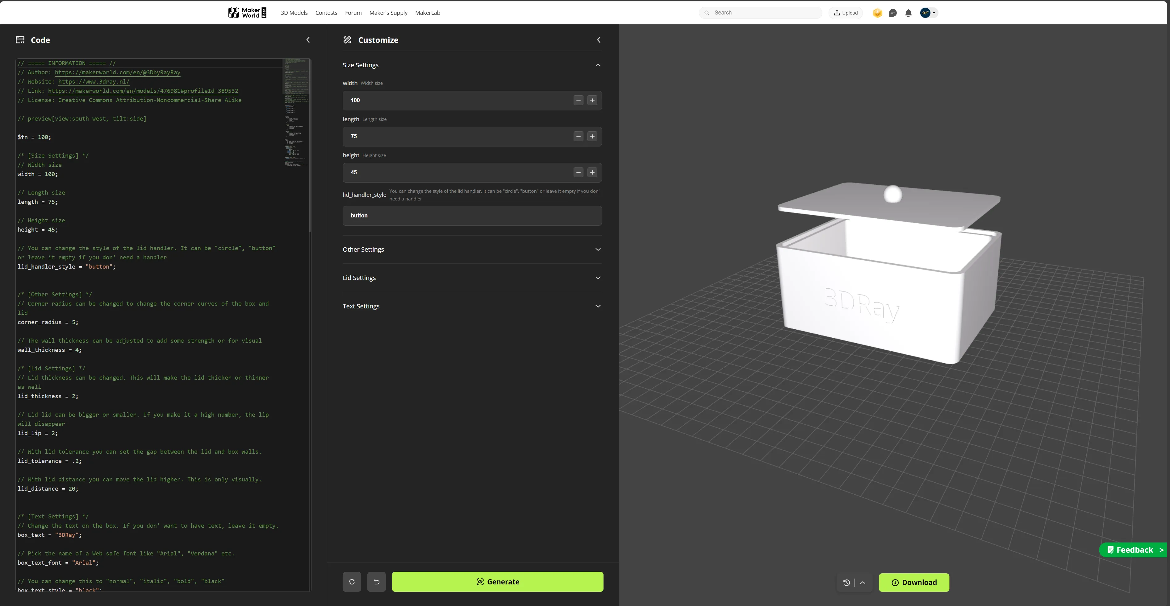 Parametric Box with Lid generator by 3DbyRayRay MakerWorld: Download ...