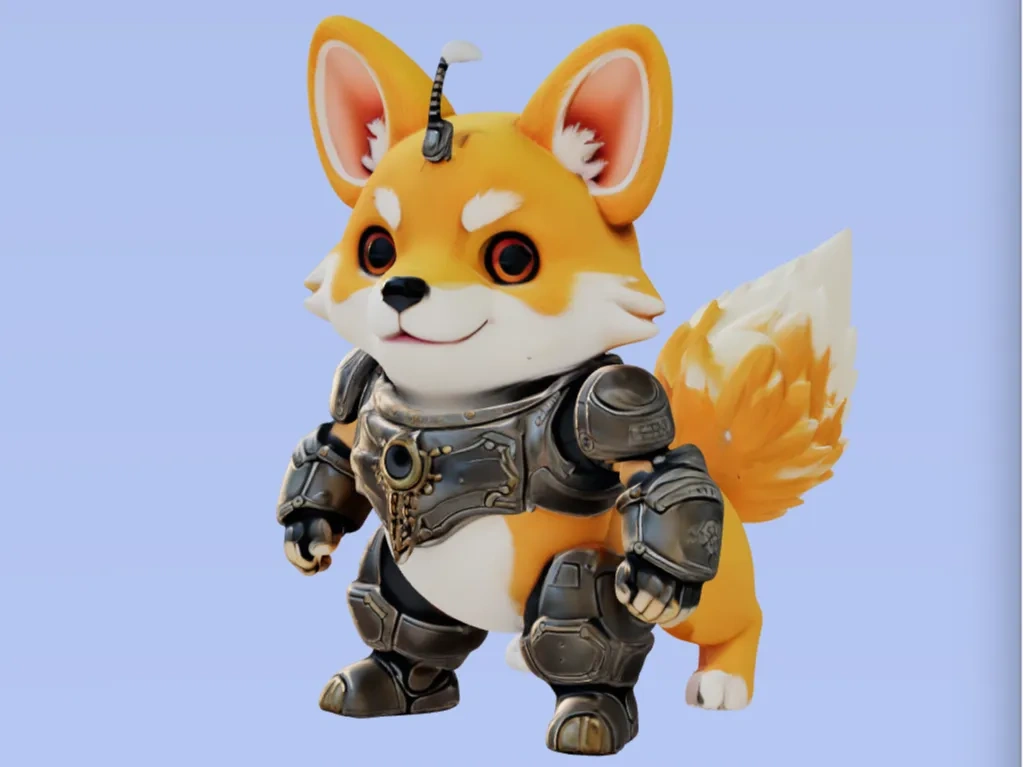 A majestic mech corgi, clad in shining armor, with a cool antenna on ...
