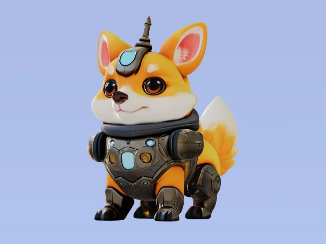 A majestic mech corgi, clad in gleaming armor, with a cool antenna on ...