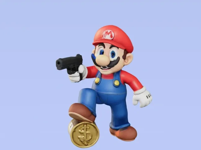 Super Mario stomping on a gold coin box with a gun in one hand by user ...