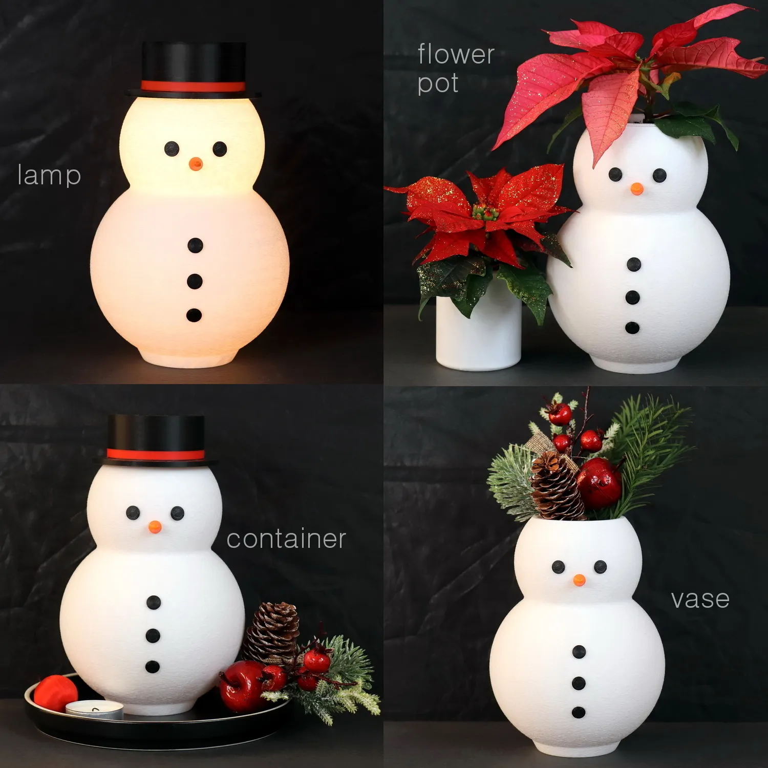 Cute Snowman All-in-One: Lamp / Vase / Pot - Free 3D Print Model ...