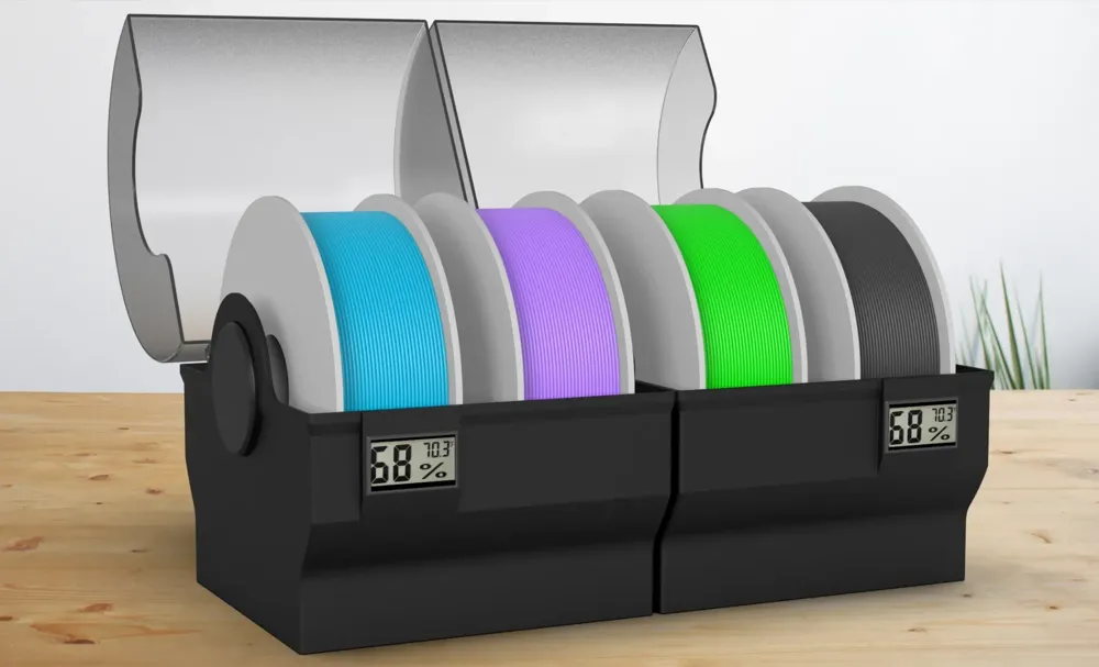 A filament spool storage box with a drying function, accommodating four ...