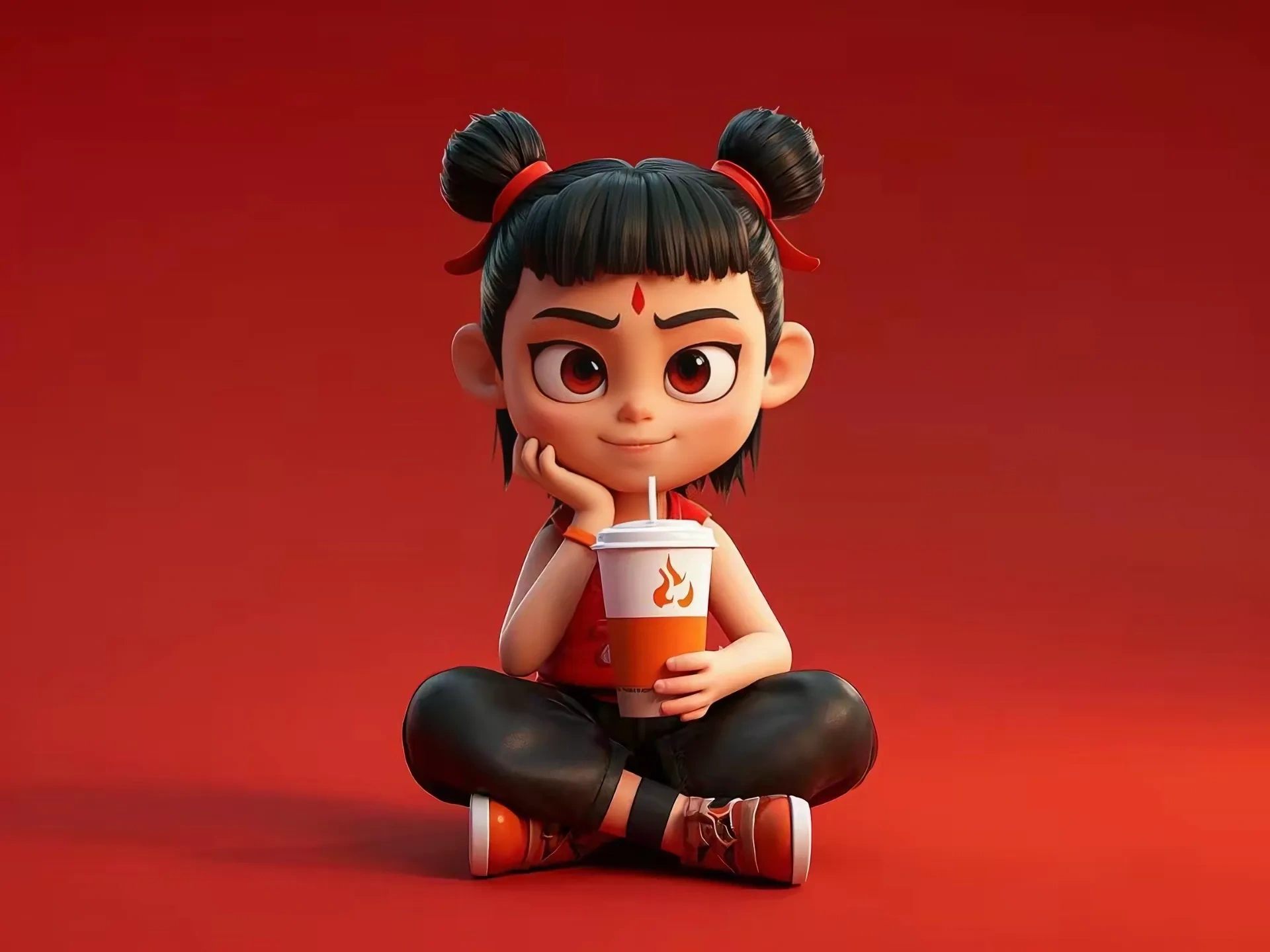 Nezha the magic boy sipping milk tea, Print-in-Place, suitable for ...