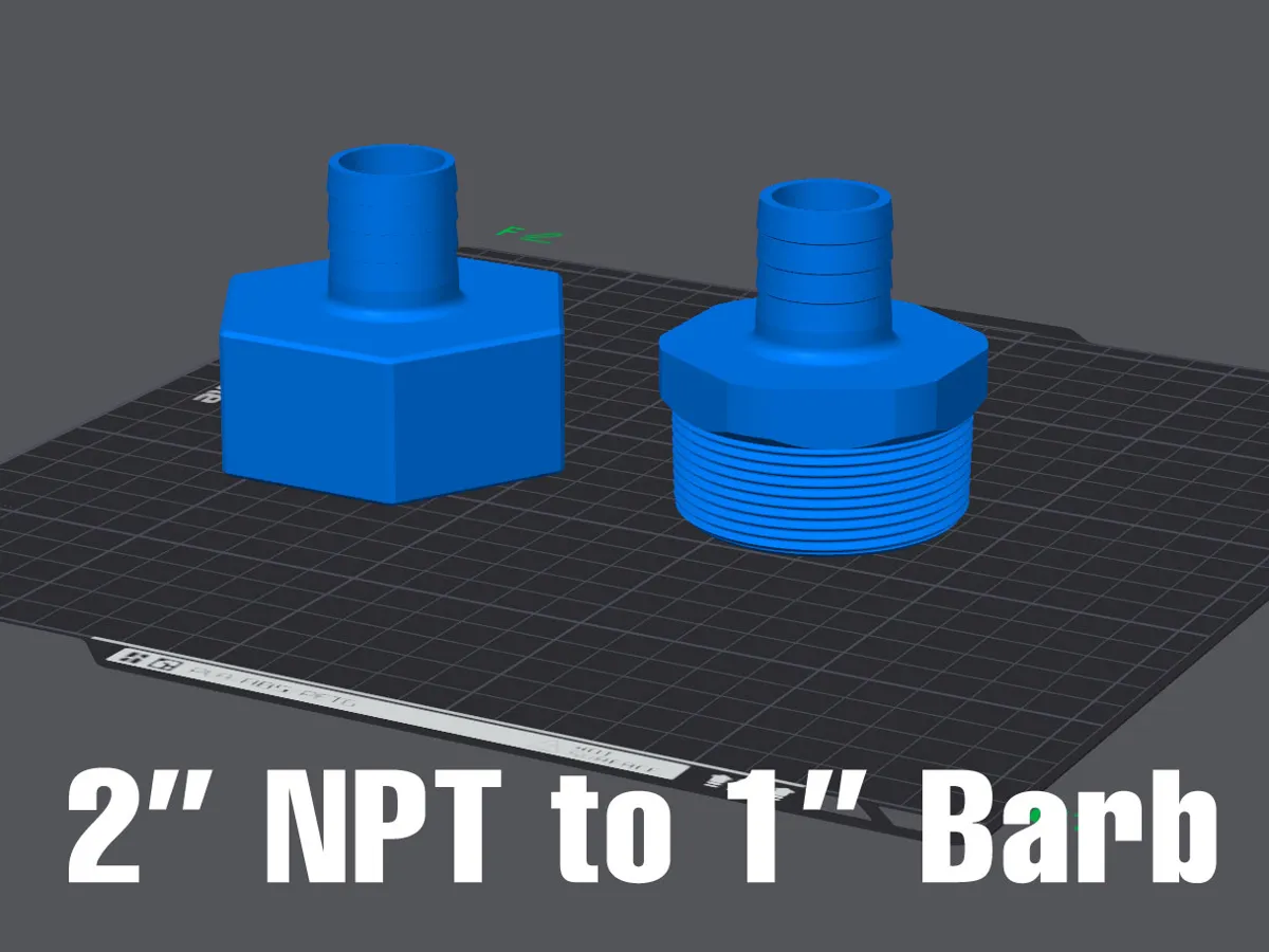 2" NPT Pipe Thread to 1" Barb Fittings/Connectors - Free 3D Print Model ...