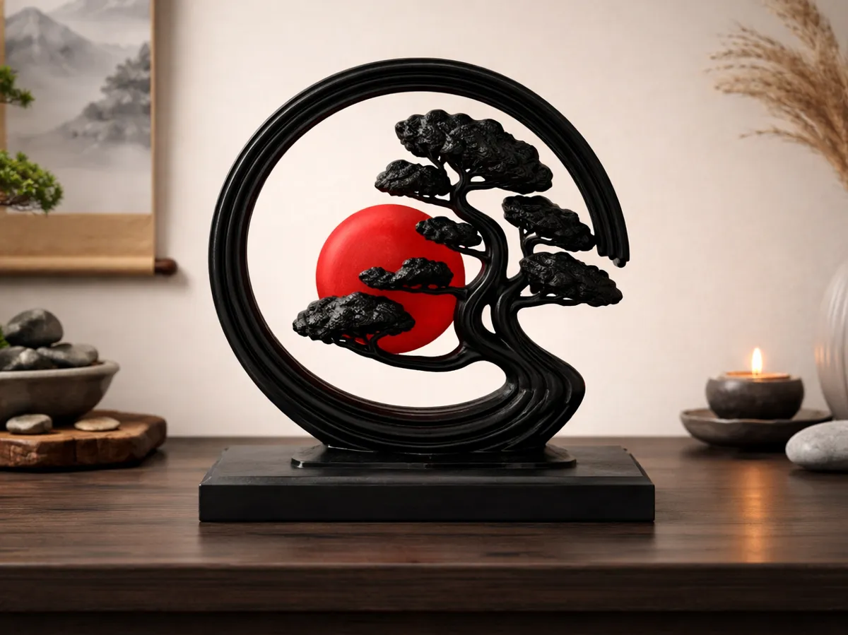 Japanese-Inspired Zen Tree Sculpture with Red Sun - Free 3D Print Model ...