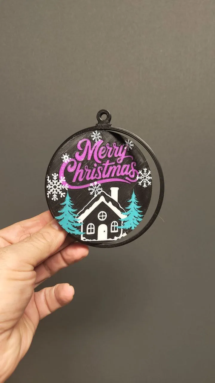 rotating christmas ornament with house and trees by Reybrond - MakerWorld