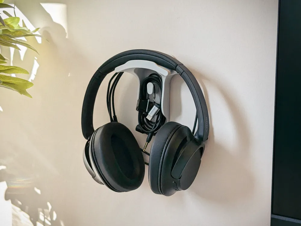 Wall Mounted Headphones Stand (w/cable hooks) by TomBarry - MakerWorld