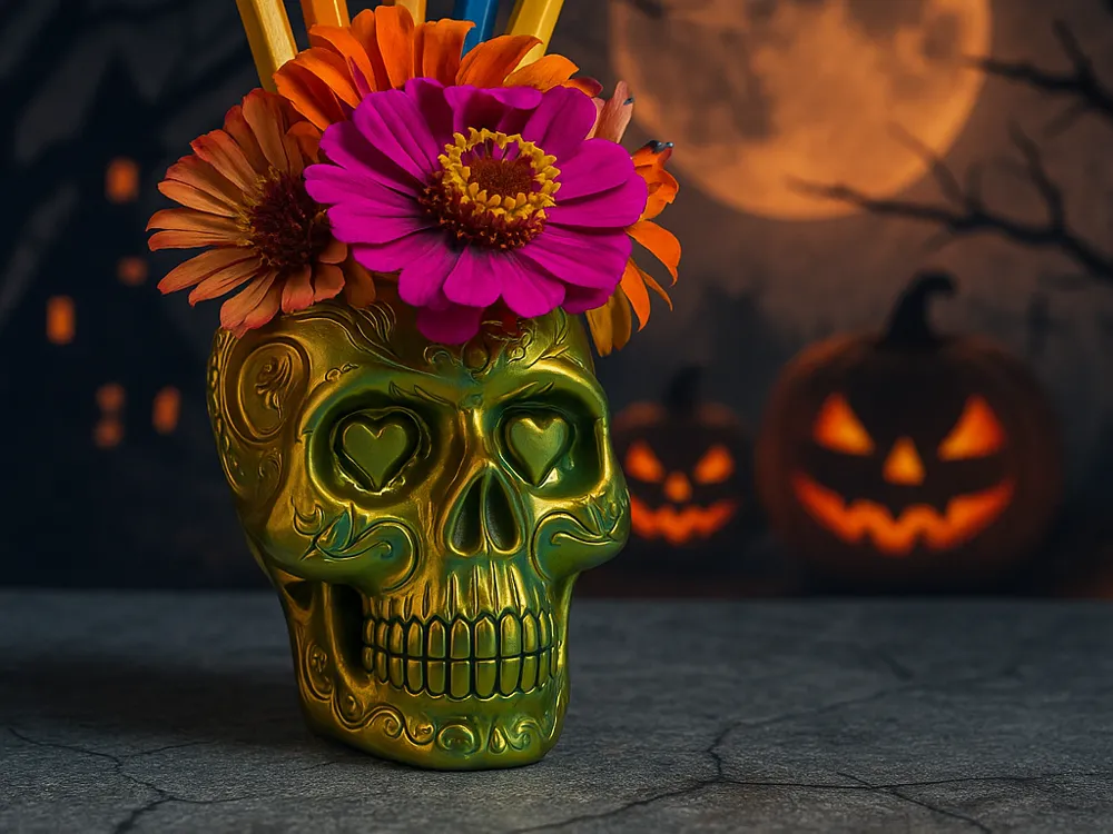 Heart Sugar Skull Flower/Pencil Holder - Free 3D Print Model - MakerWorld