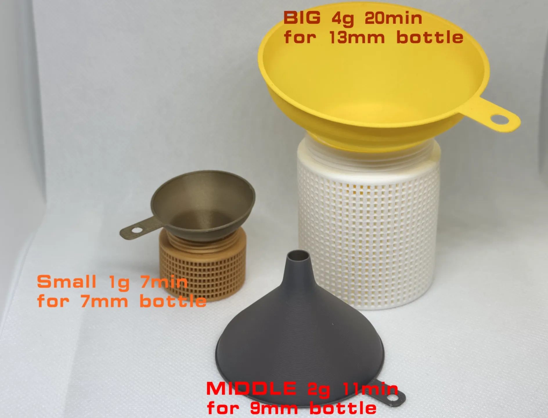 Small funnel, medium funnel, large funnel. Only 1g, 2g, 4g needed ...