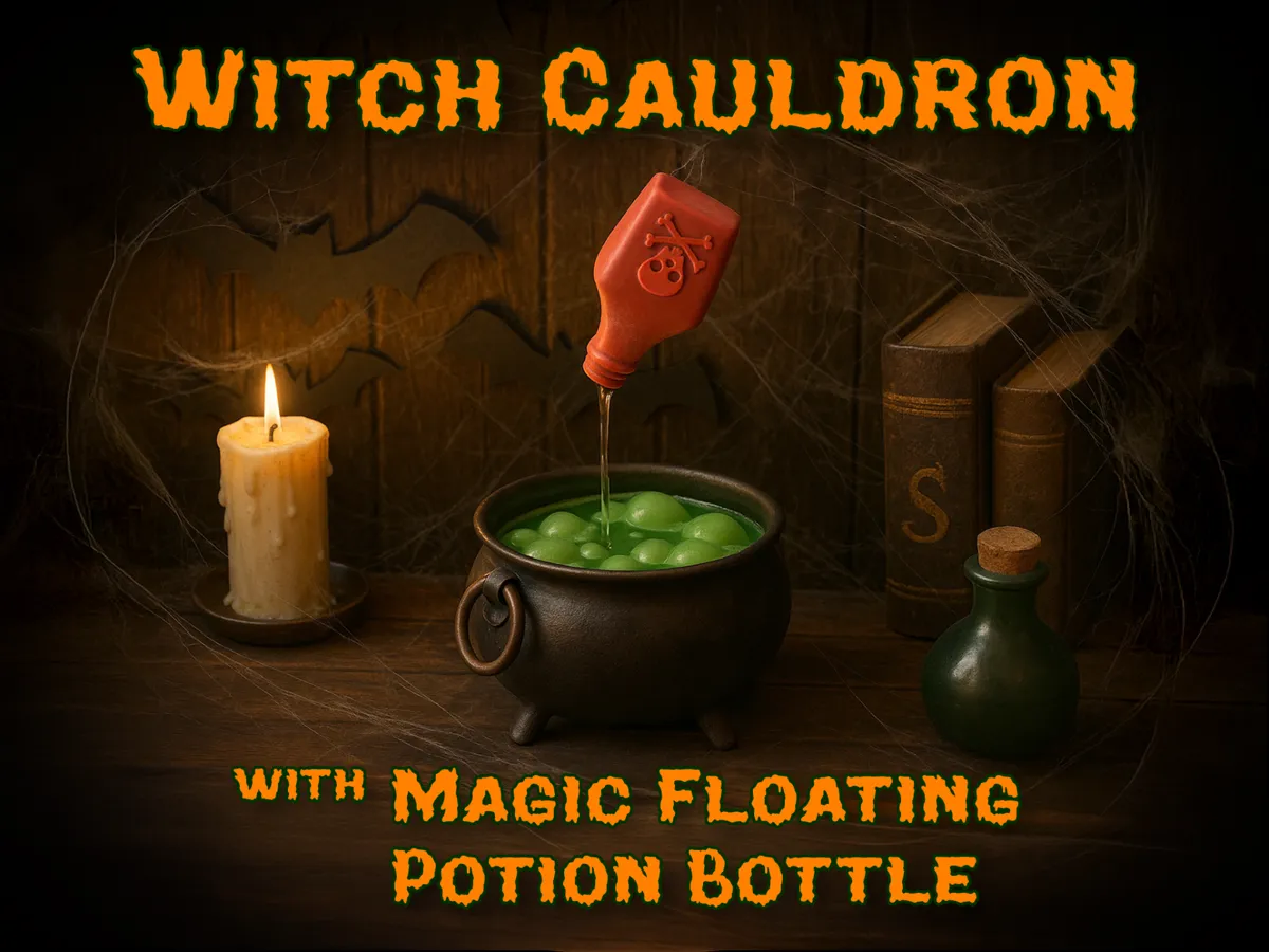 Witch Cauldron with Magic Floating Potion Bottle - Free 3D Print Model ...