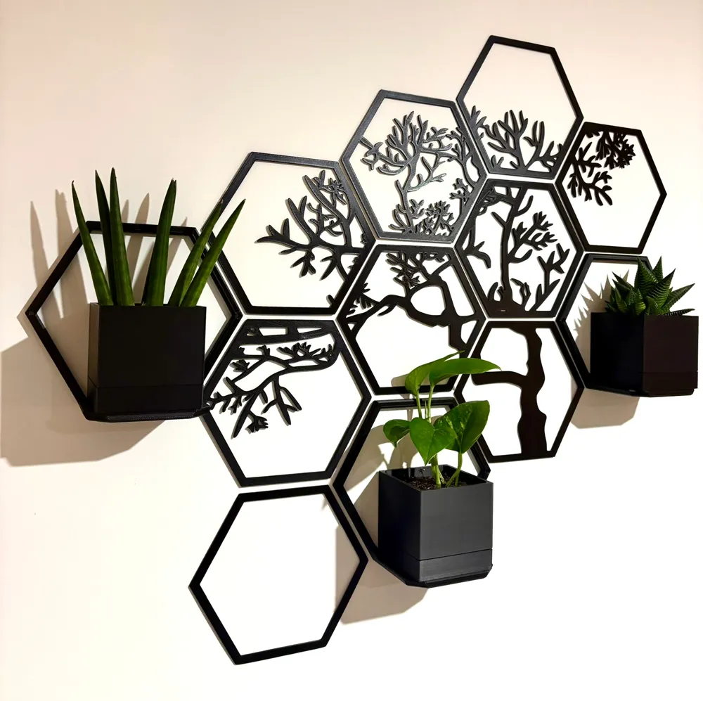 Hexagon tree wall art with planter pots and shelf Remixed by user ...