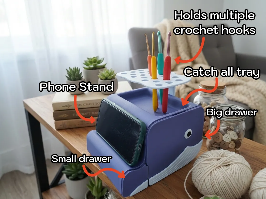 Whale Crochet Organizer & Phone Stand - Free 3D Print Model - MakerWorld