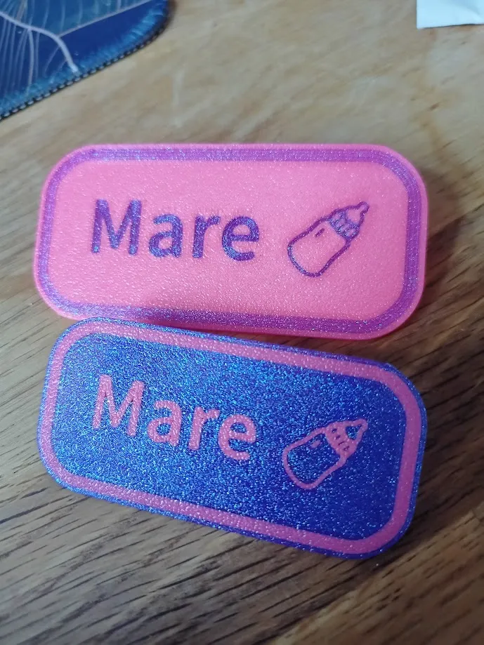 Name tag "MARE" with milk bottle by luftblitz - MakerWorld