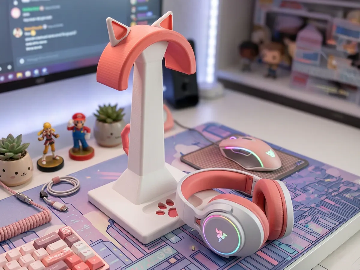 Cute Cat Ear Headphone Stand with Tail Hook - Free 3D Print Model ...