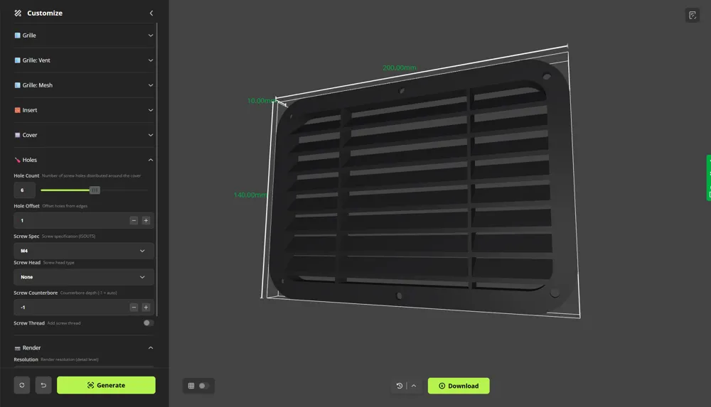 Grille Generator - Parametric Vents & Covers - Free 3D Print Model ...