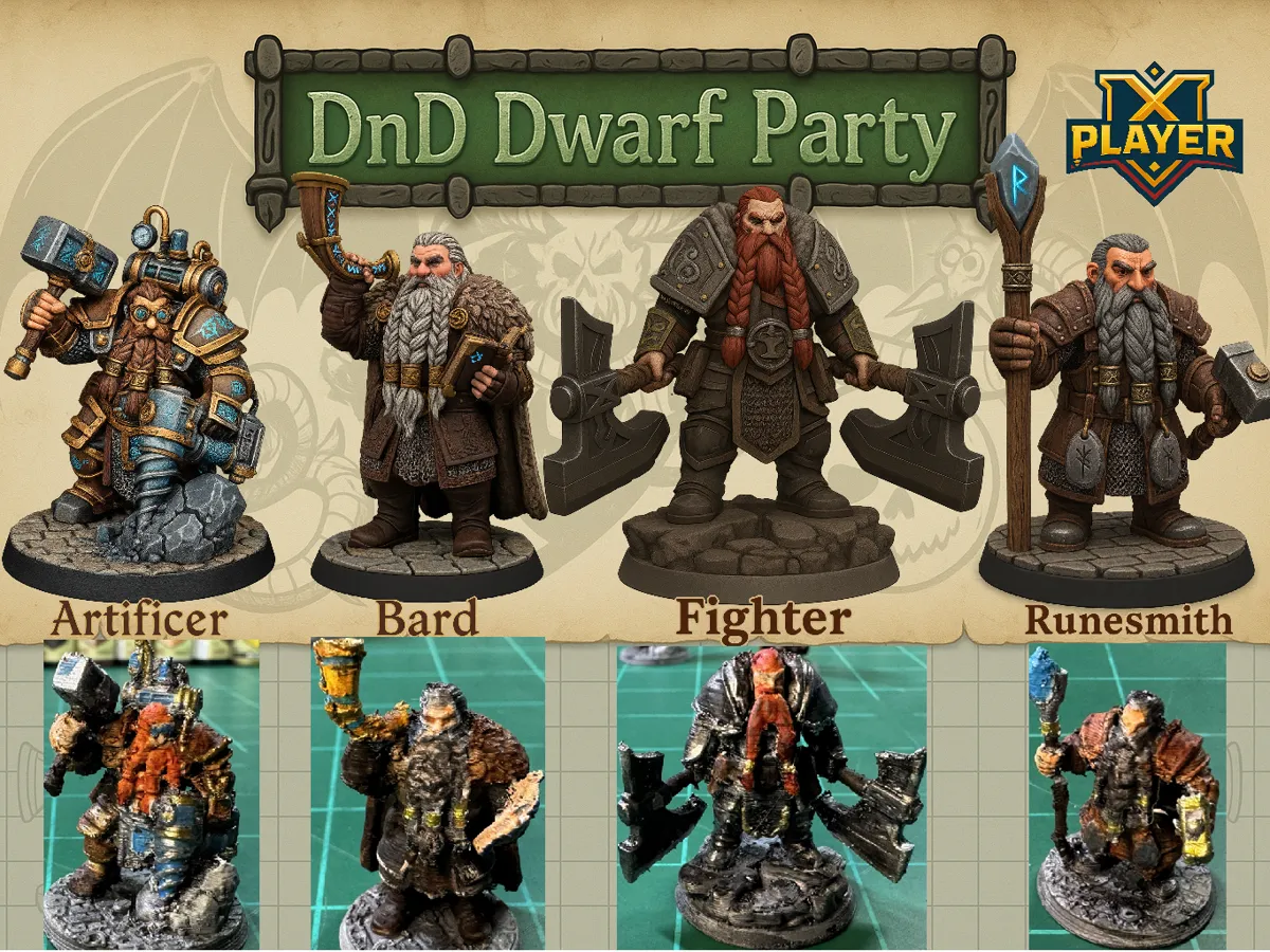 Dwarf Party: Art, Bard, Fight, RuneS DnD PF Mini by PlayerX MakerWorld: Download Free 3D Models