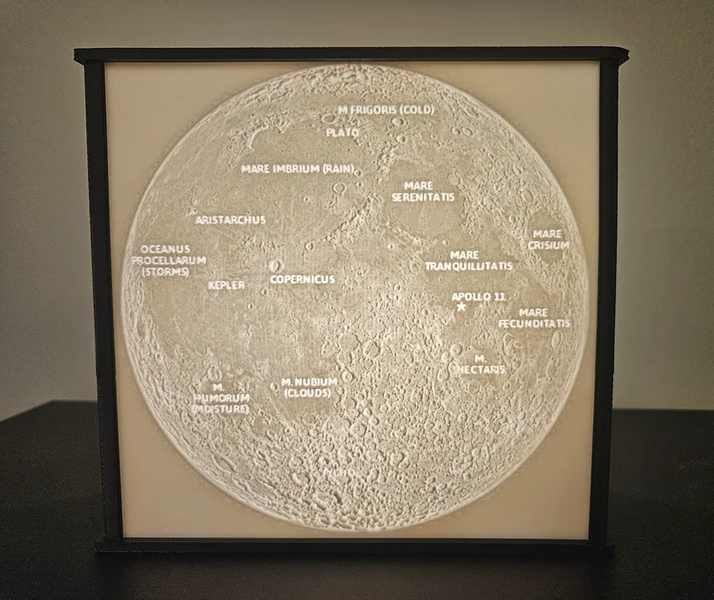 Moon Map Lithophane, Visible Features Labelled by BK2455MakerWorld ...