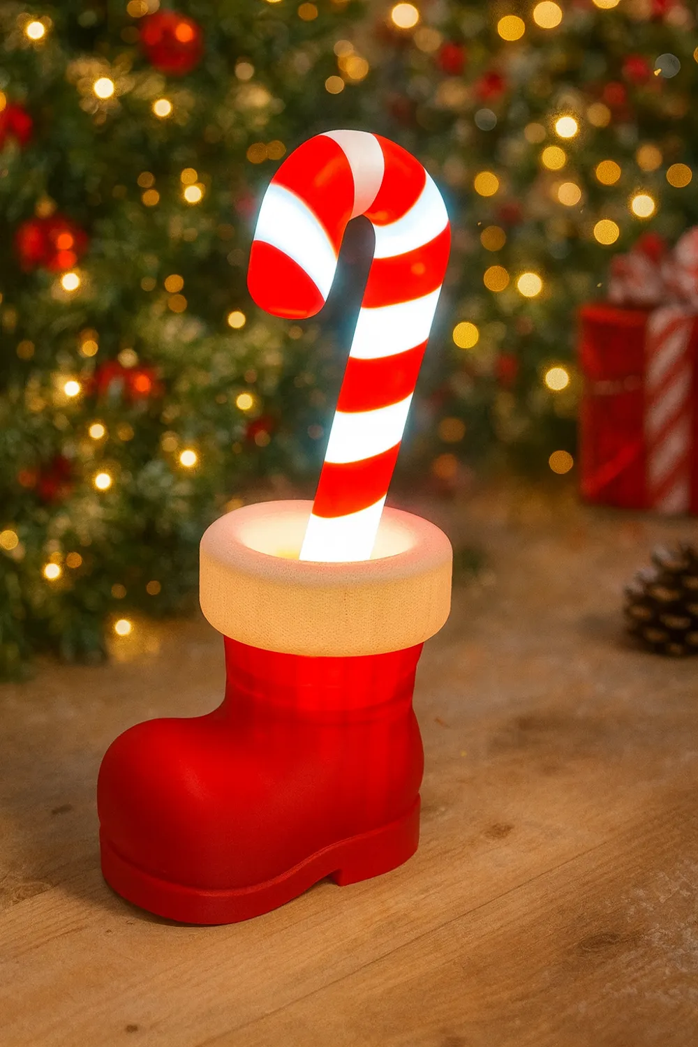 Santa boot lamp with candy cane no ams - Free 3D Print Model - MakerWorld