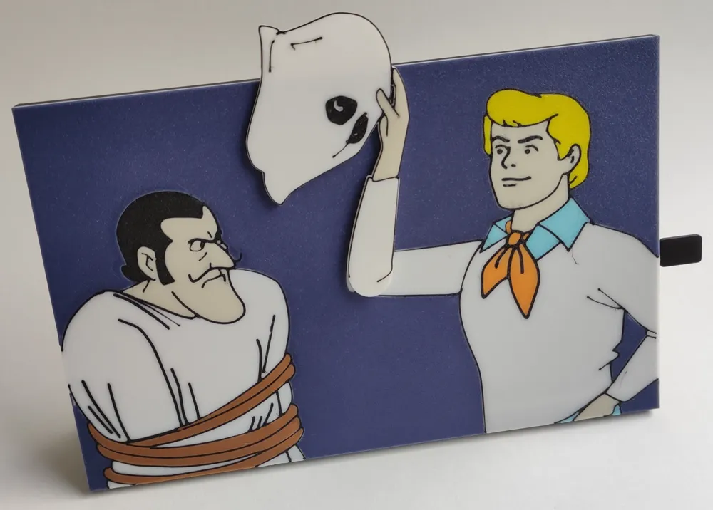 Scooby-Doo mask reveal meme modular display, actuator/automata toy ...