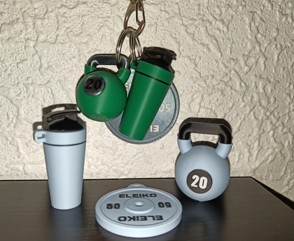 Keyrings - kettlebell, plate and shaker - Free 3D Print Model - MakerWorld