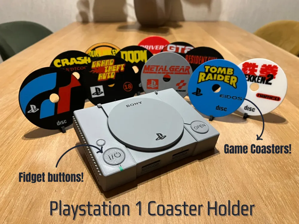 Playstation 1 Console + 12 Game Coasters - Free 3D Print Model - MakerWorld