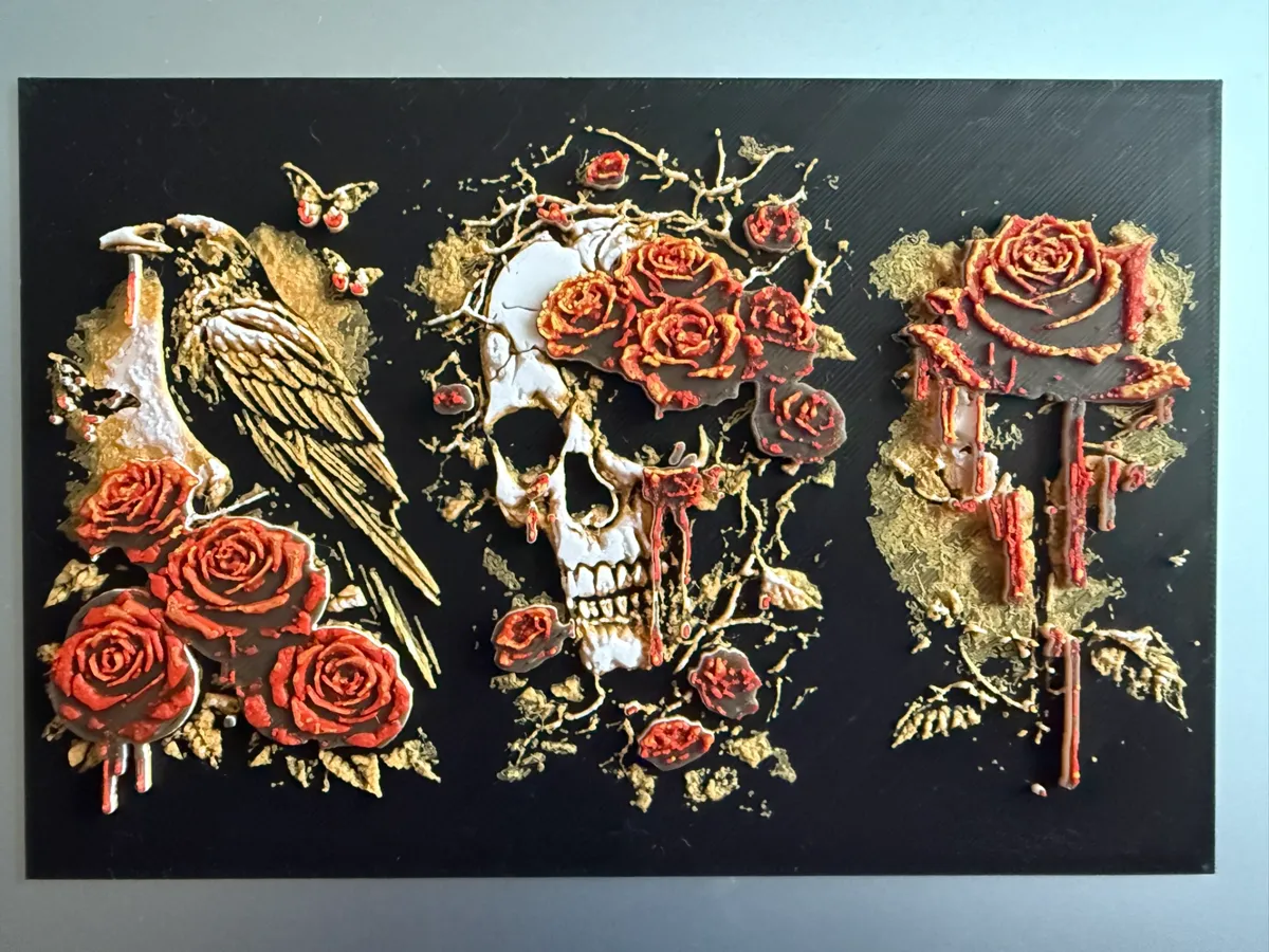 Dark Roses Skull Raven Triptych Wall Art - Free 3D Print Model - MakerWorld