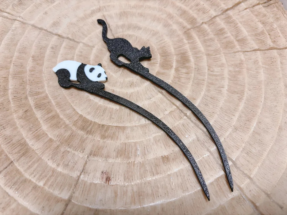 Animal Hair Stick (Kanzashi) - Cat & Panda Set - Free 3D Print Model ...