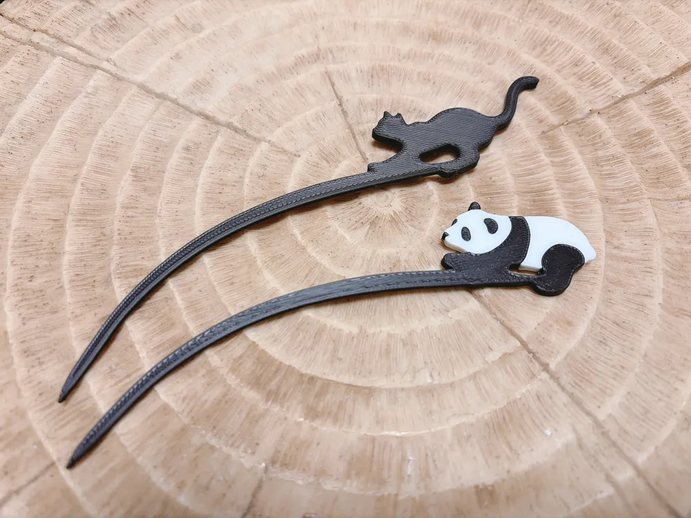 Animal Hair Stick (Kanzashi) - Cat & Panda Set - Free 3D Print Model ...