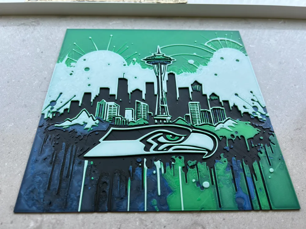 Logo des Seahawks avec l'horizon de la Space Needle en style graffiti ...