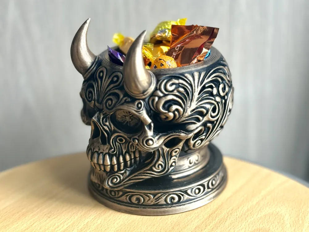 Horned Sugar Skull Halloween Candy Bowl by slimshezy MakerWorld ...