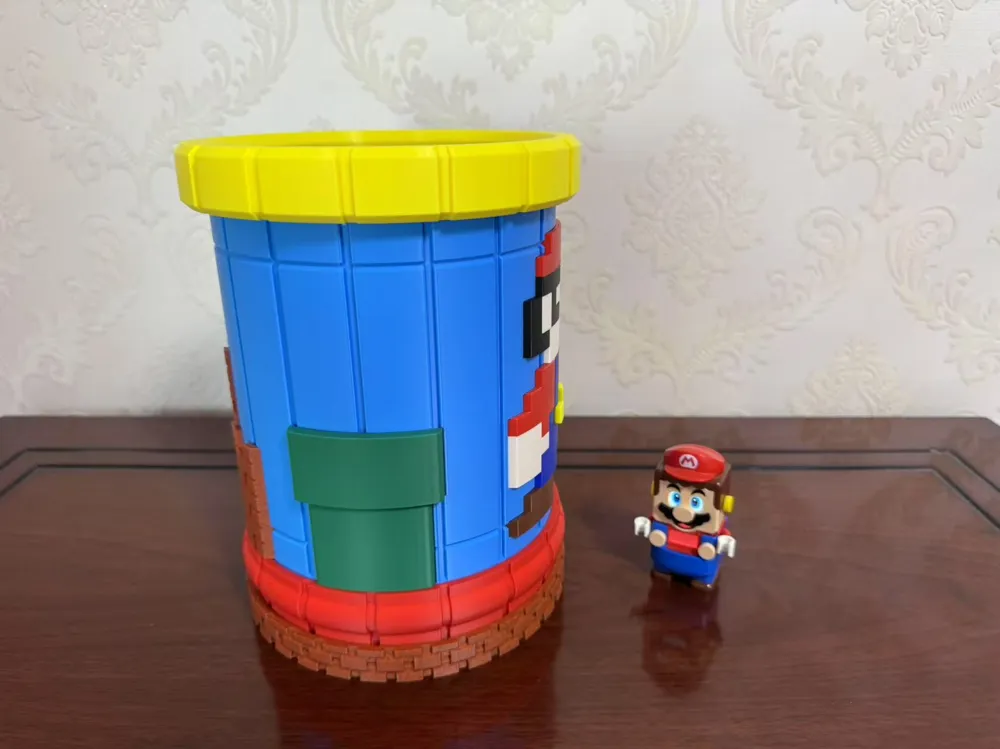 Mario Desktop Trash Can (no supports) - Free 3D Print Model - MakerWorld