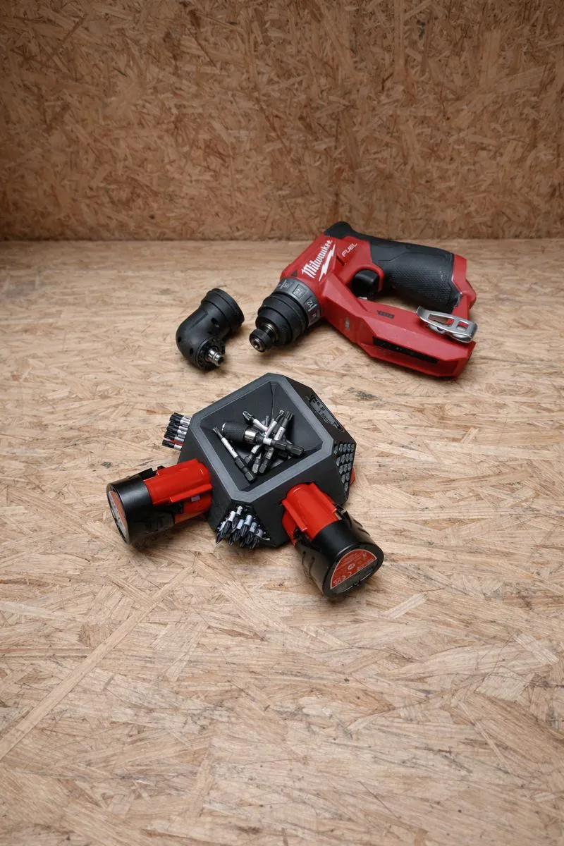 Milwaukee M12 battery rotating stand + 1/4 hex acc - Free 3D Print ...