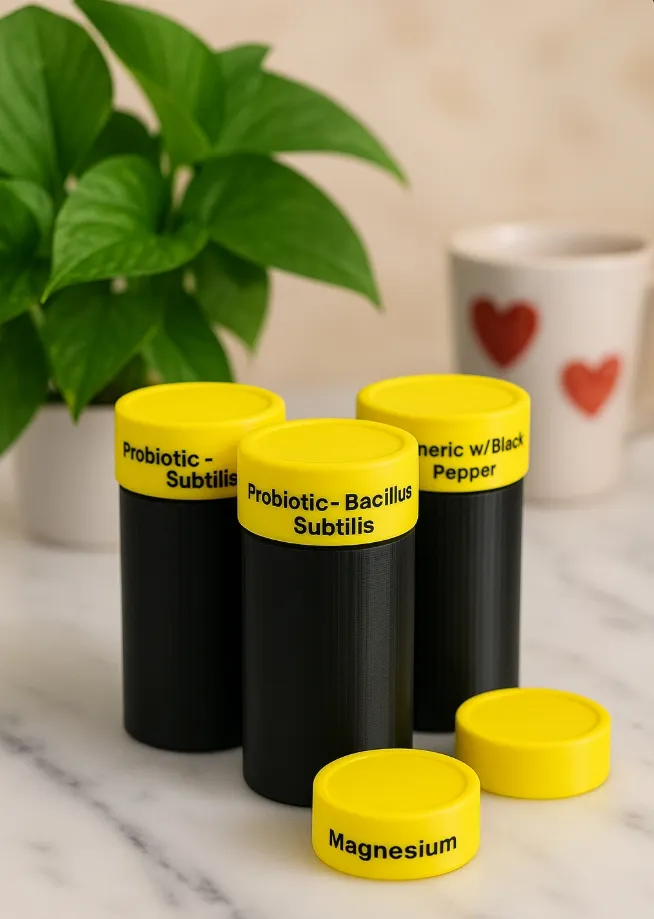 Stackable Pill Bottles with Editable Lids by Dehydrate7 MakerWorld: Download Free 3D Models