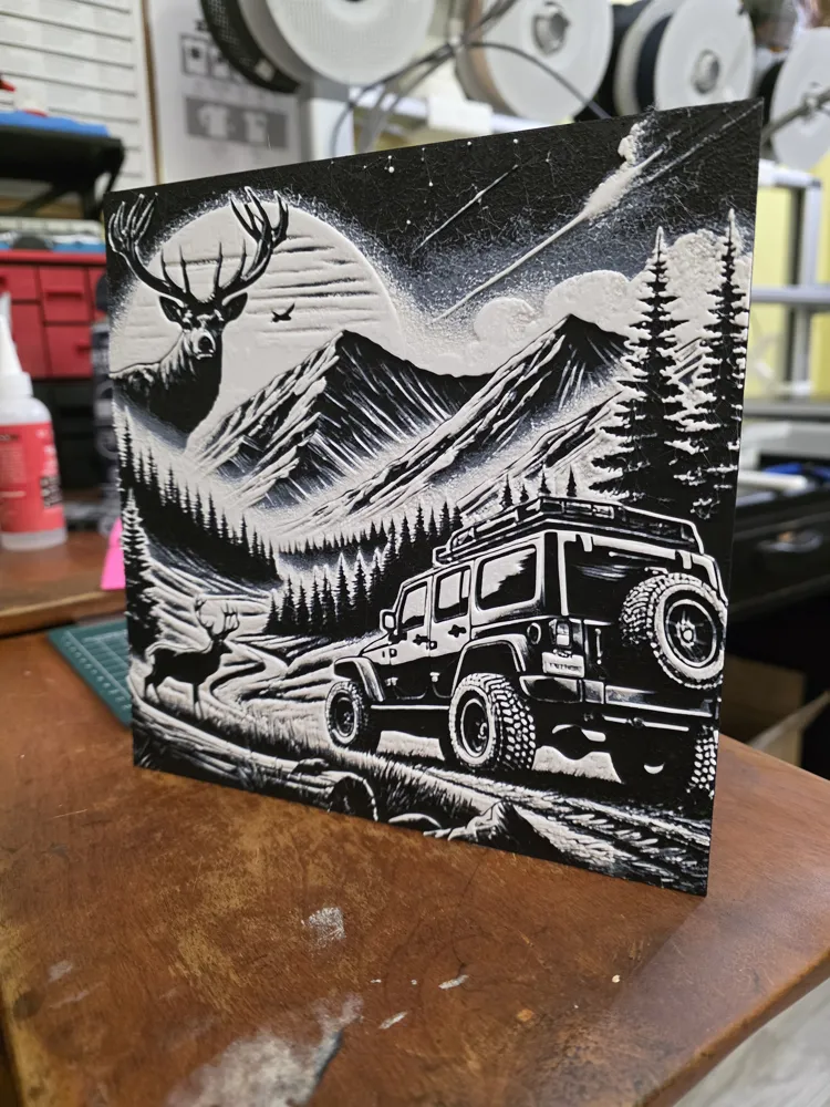 B&W Deer and Jeep HueForge by Anthony MakerWorld: Download Free 3D Models