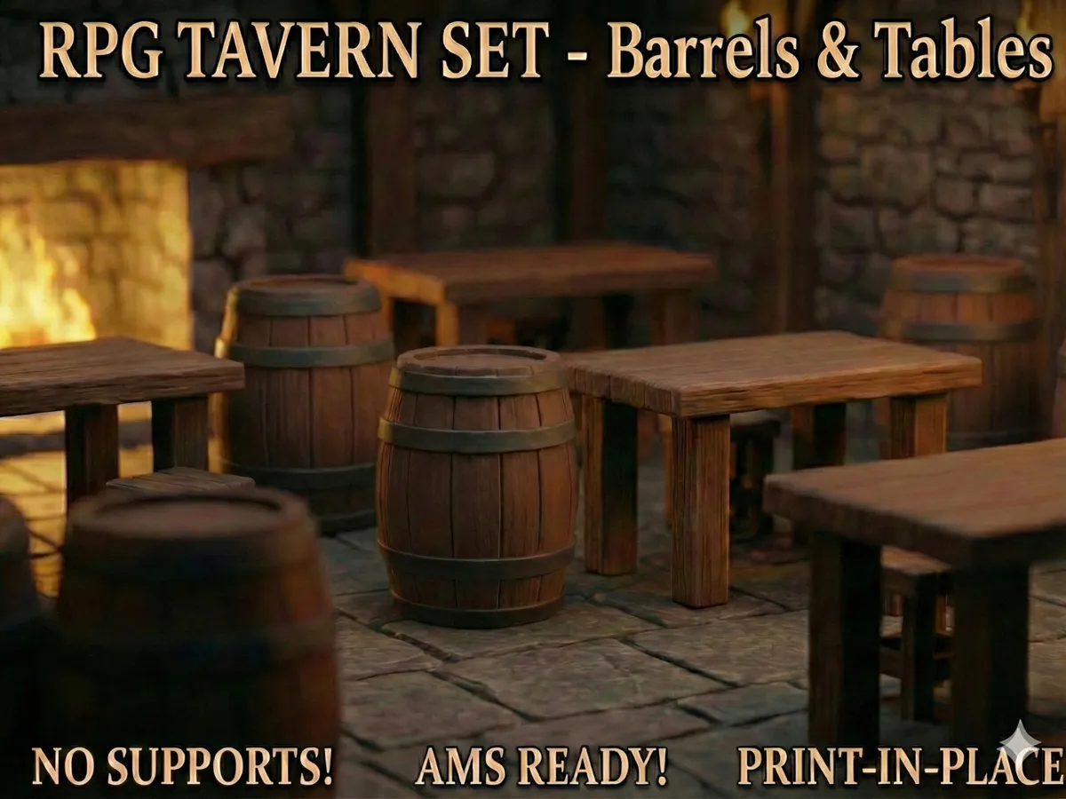 RPG Tavern Set Barrels & Tables - Free 3D Print Model - MakerWorld