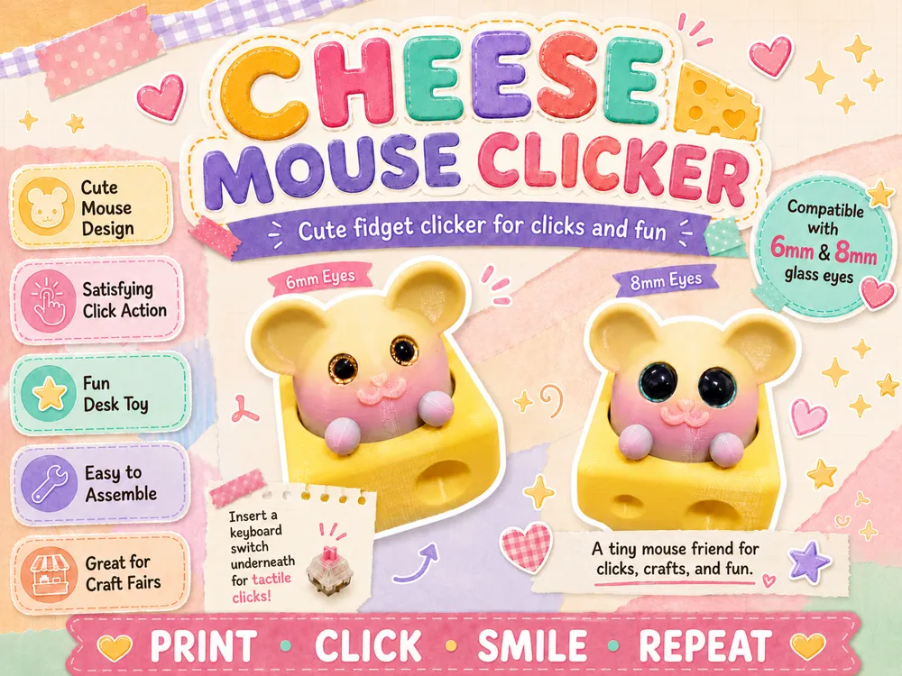 Mouse in Cheese Clicker - glass eye compatible - Free 3D Print Model ...