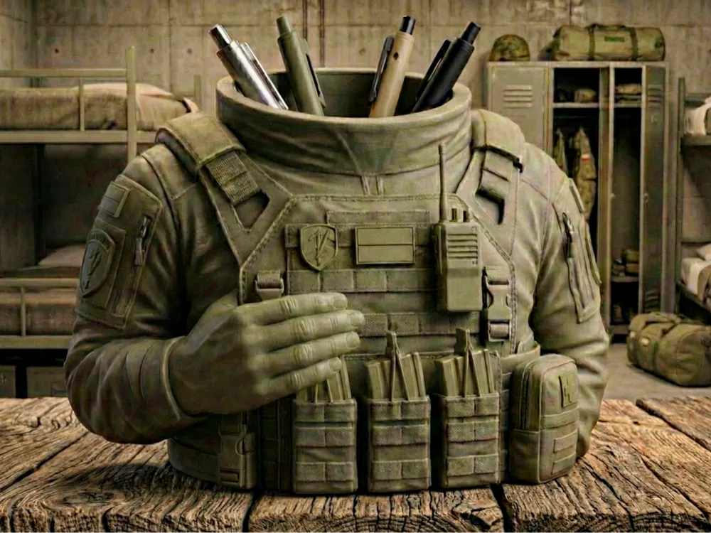 Pen holder - Soldier in military base wearing vest - Free 3D Print ...