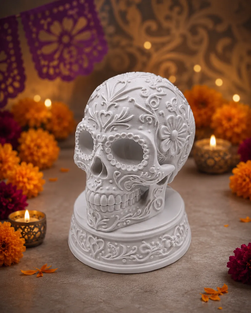 Día de los Muertos Skull with filigree base - Free 3D Print Model ...