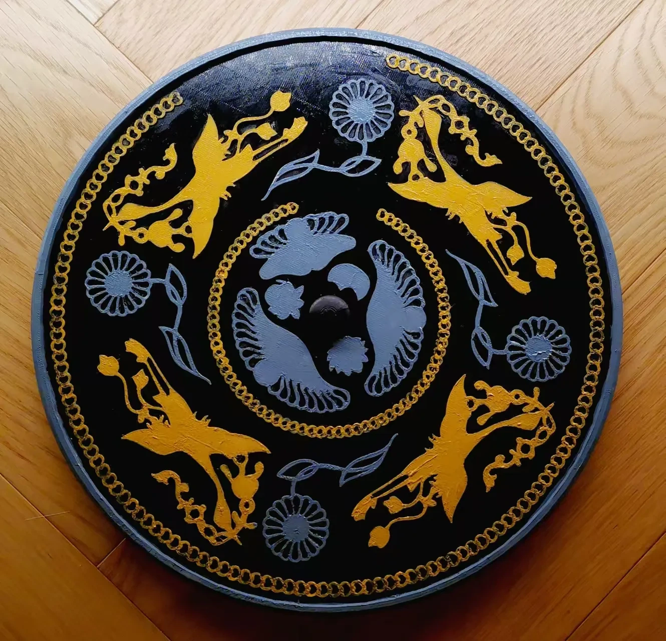 Four Luan Birds with Ribbons Patterned Gold and Silver Inlay Mirror ...