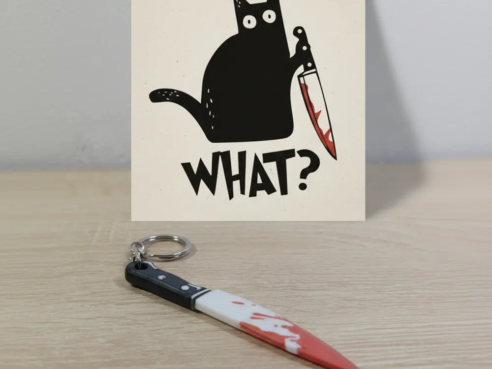 "What?" Murder Cat Knife Keychain - Free 3D Print Model - MakerWorld