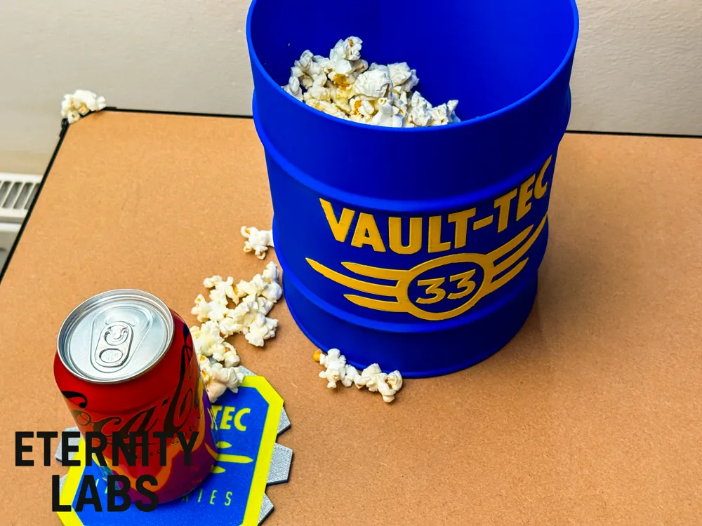 Fallout - Vault-Tec Popcorn Bucket + Coaster - Free 3D Print Model ...