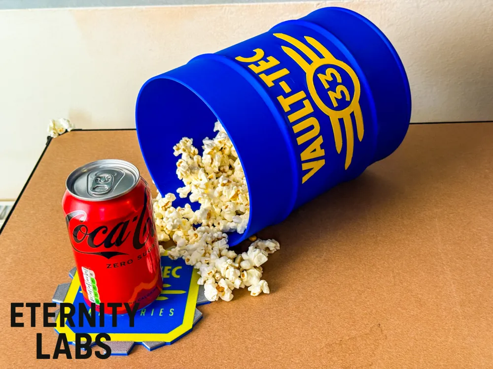 Fallout - Vault-Tec Popcorn Bucket + Coaster - Free 3D Print Model ...