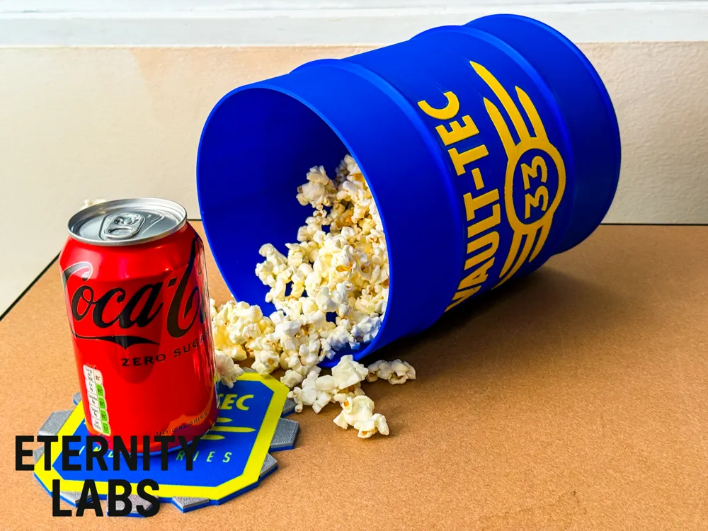 Fallout - Vault-Tec Popcorn Bucket + Coaster - Free 3D Print Model ...