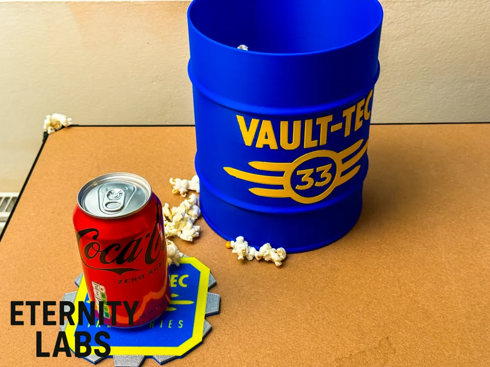 Fallout - Vault-Tec Popcorn Bucket + Coaster - Free 3D Print Model ...