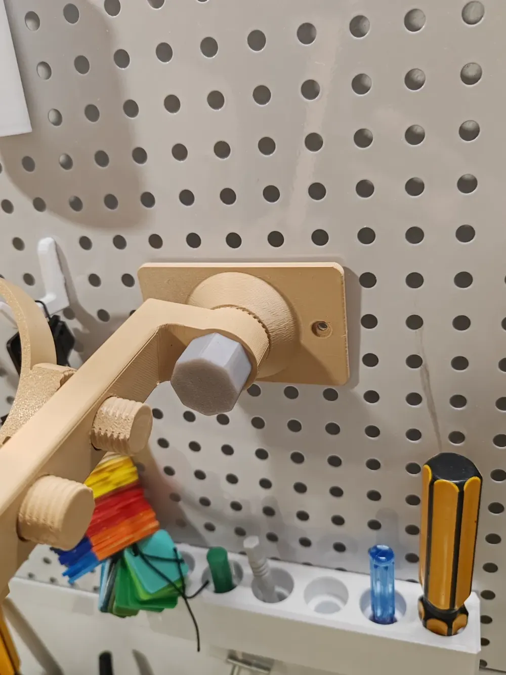 Round holes, IKEA SKADIS pegboard robotic arm with smartphone, GoPro action camera mount, cup ...