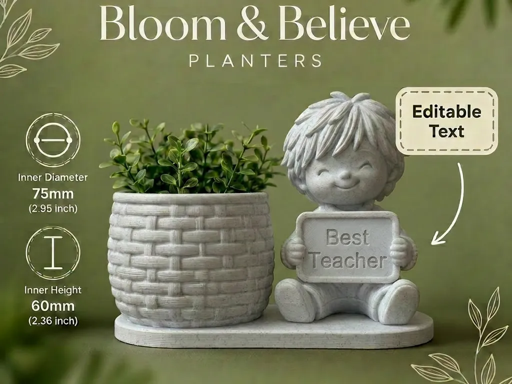 Boy Bloom & Believe Planter Editable Text - Free 3D Print Model ...