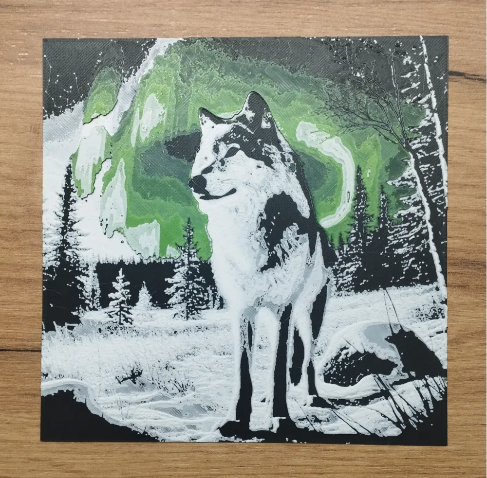 Wolf and northern lights - hueforge by PolisLBC - MakerWorld