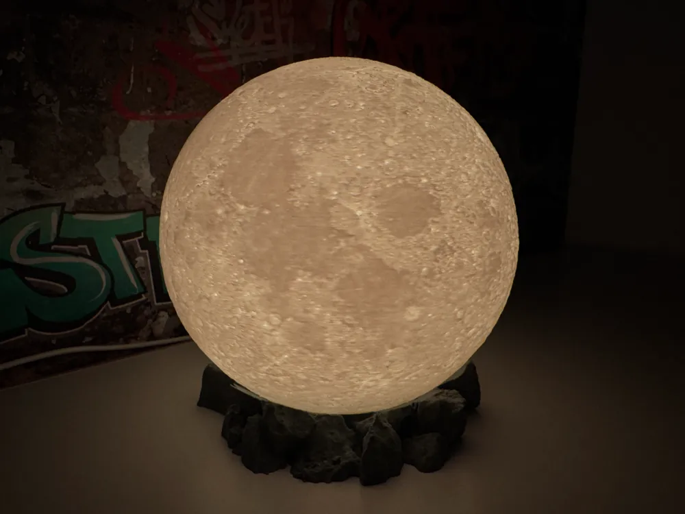 Moon LED Lamp with Rock Base - Free 3D Print Model - MakerWorld