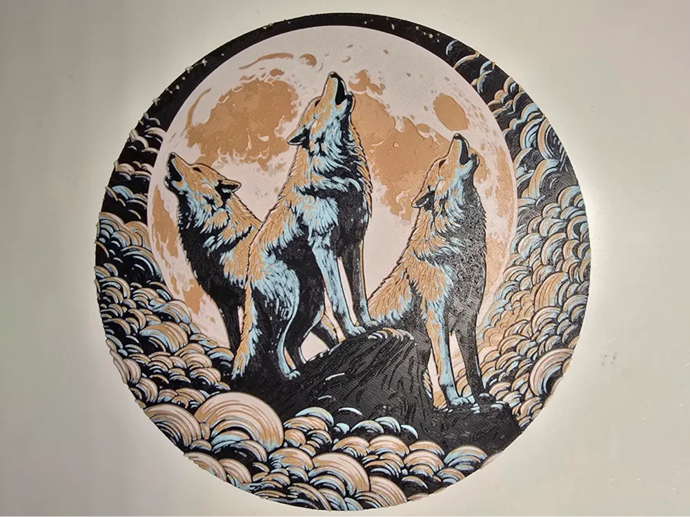 3 Wolves Howling at the Moon - Hueforge by greg.whistler - MakerWorld